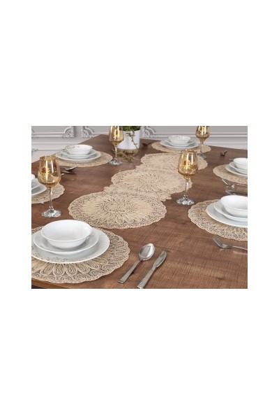 Tropik Home 12 Kişilik Amerikan Servis Supla ve Runner Seti Venezia Bej 13 Parça Çeyizlik Masa ve Sunum Takımı