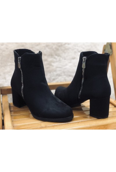 Belpino Kafkaslar Siyah Süet Fermuar Detaylı Topuklu Bayan Kısa Bot