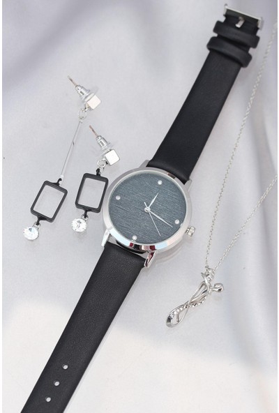 Kırmızı Papyon Siyah Deri Kordonlu Gümüş Kasa Kadın Saat Kolye ve Küpe Seti