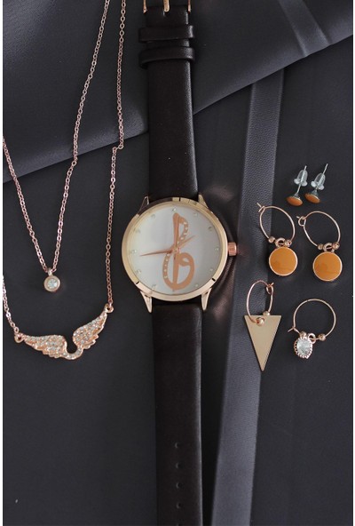 Kırmızı Papyon Siyah Renk Deri Kordonlu Kadın Saat ve Rose Renk Kanat Kolye Küpe Kombini Kırmızı Papyon Siyah Renk Deri Kordonlu Kadın Saat ve Rose Renk Kanat Kolye Küpe Kombini