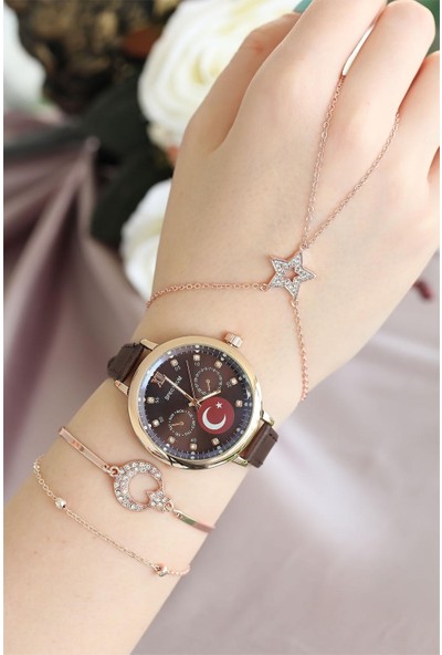 Kırmızı Papyon Kahverengi Deri Kadın Saat ve Rose Bileklik Kombini Kırmızı Papyon Kahverengi Deri Kadın Saat ve Rose Bileklik Kombini