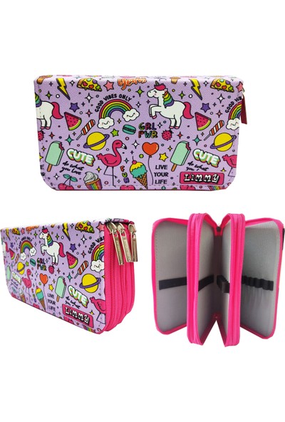 Limmy Kalem Kutusu Unicorn-Flamingo Desenli Kawai Organizer Üç Bölmeli Kalemlik Limmy Kalem Kutusu Unicorn-Flamingo Desenli Kawai Organizer Üç Bölmeli Kalemlik