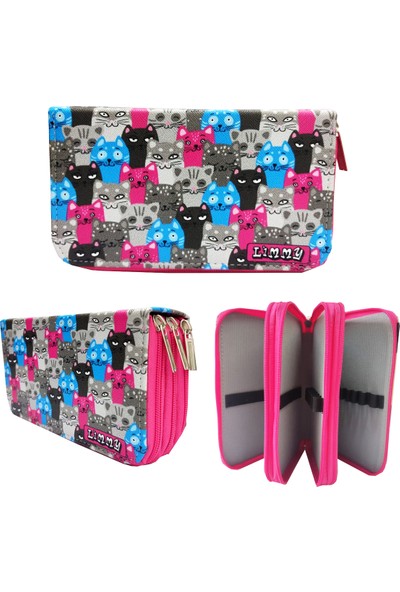 Limmy Kalem Kutusu Sevimli Kediler Kawai Organizer Üç Bölmeli Kalemlik