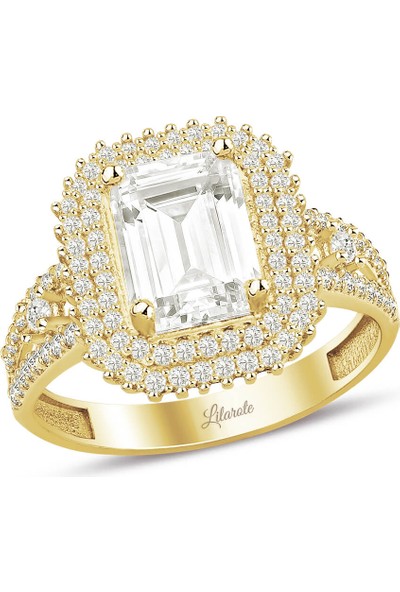 Lilarote 3.5 Karat Görünümlü Baget Kesim Sarı Altın Yüzük