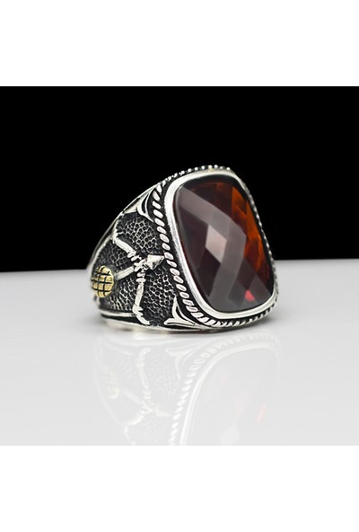 Taja925 Kırmızı Zirkon Taşlı Gümüş 925 Erkek Gümüş Yüzük