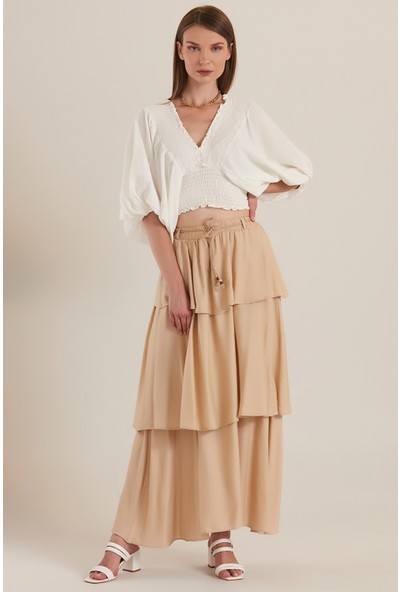 Gülseli Fırfırlı Kemerli Uzun Etek