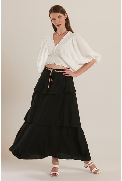 Gülseli Fırfırlı Kemerli Uzun Etek
