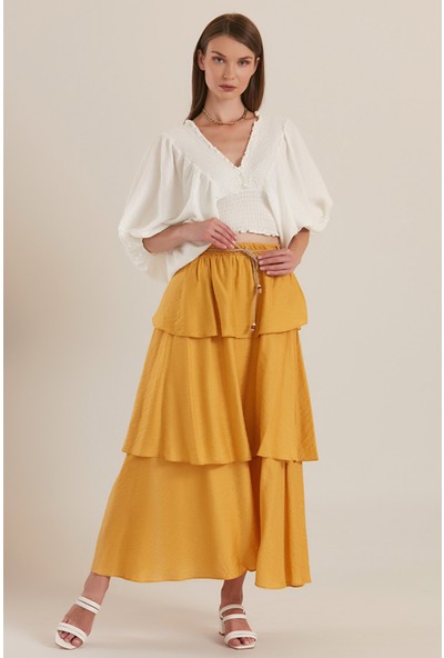 Gülseli Fırfırlı Kemerli Uzun Etek