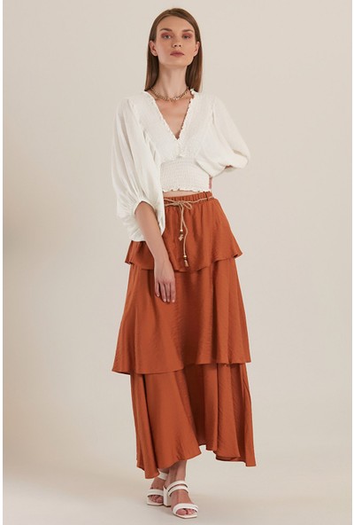 Gülseli Fırfırlı Kemerli Uzun Etek