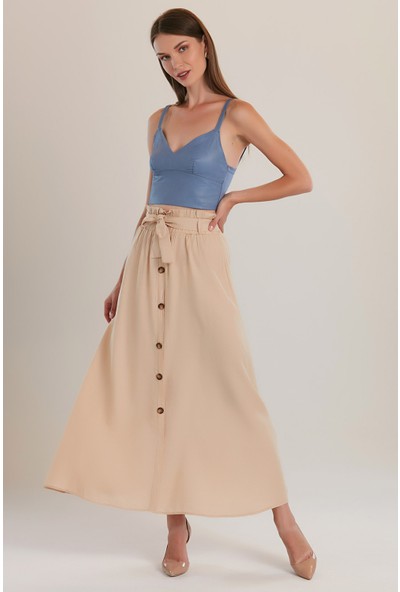 Gülseli Düğmeli Kemerli Midi Etek
