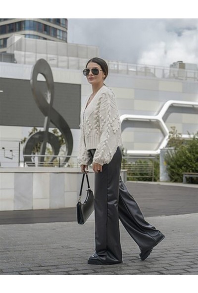 Fivi Butik Kadın Siyah Deri Palazzo Pantolon