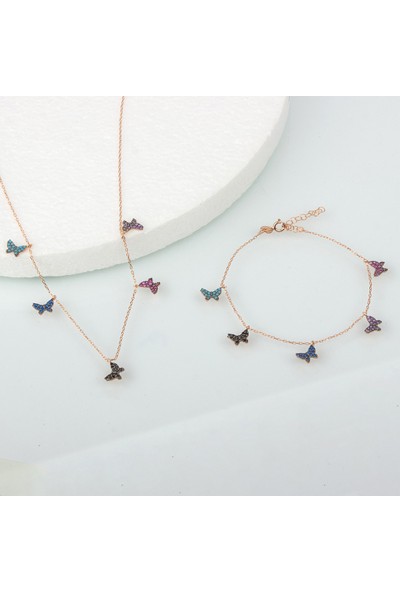 Miavi Silver 925 Ayar Gümüş Mix Taşlı 5'li Kelebek Kolye Bileklik Kombin
