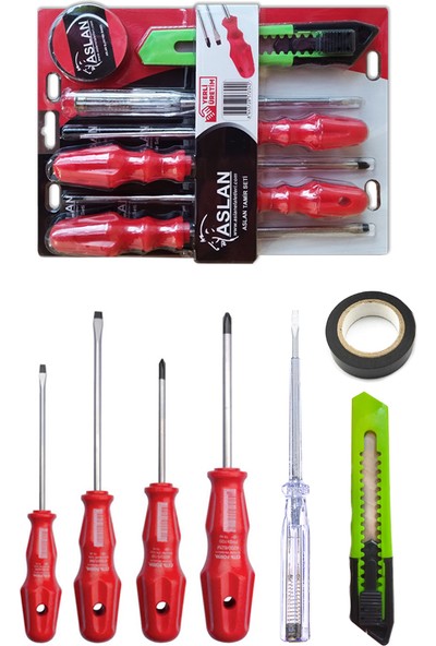 Aslan 7 Parça Tamir Seti 4'lü Tornavida Seti + Kontrol Kalemi + Maket Bıçağı + Elektrik Bandı Aslan 7 Parça Tamir Seti 4'lü Tornavida Seti + Kontrol Kalemi + Maket Bıçağı + Elektrik Bandı