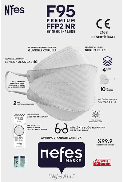 Nefes F95 / Ffp2 Premium Kore Tipi Ce-Iso Sertifikalı Tek Paketli Maske 100'LÜ Nefes F95 / Ffp2 Premium Kore Tipi Ce-Iso Sertifikalı Tek Paketli Maske 100'LÜ