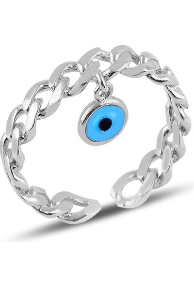 Söğütlü Silver Gümüş Rodyumlu , Nazarlı Alttan Ayarlamalı Zincir Yüzük