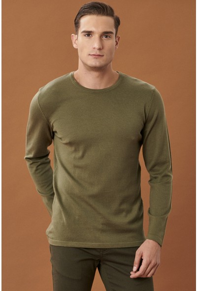 Altınyıldız Classıcs Erkek Haki Standart Fit Bisiklet Yaka Düz Triko Kazak