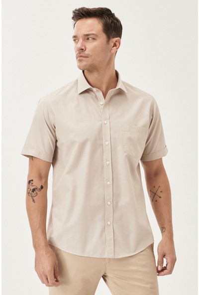 Altınyıldız Classıcs Erkek Beyaz-Bej Regular Fit Klasik Gömlek Yaka Kısa Kollu Yazlık Gömlek
