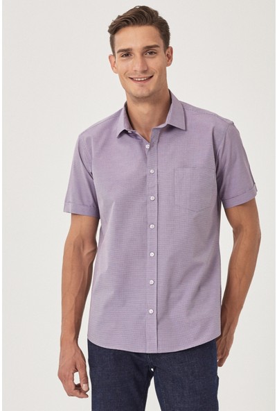 Altınyıldız Classıcs Erkek Mor Regular Fit Klasik Gömlek Yaka Kısa Kollu Yazlık Gömlek