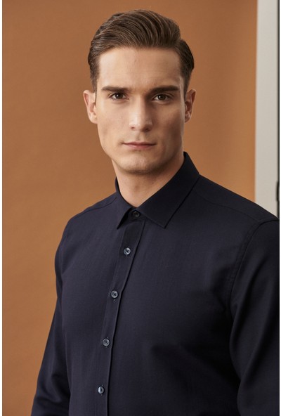 ALTINYILDIZ CLASSICS Slim Fit Klasik Yaka Armürlü Lacivert Gömlek
