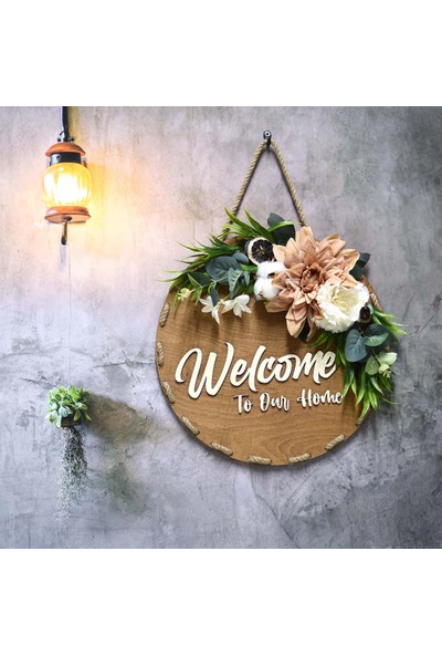 Foto Baskı Sepeti Çiçek Süslemeli Özel Tasarım Welcome Kapı Süsü