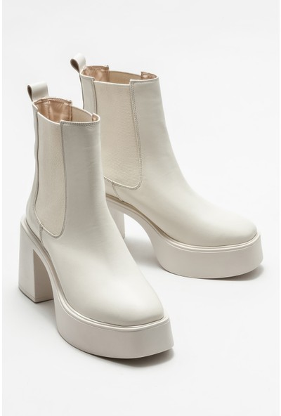 Elle Shoes Bej Deri Kadın Topuklu Bot