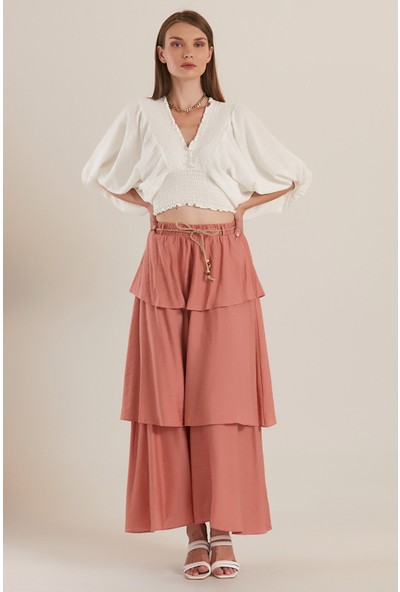 Gülseli Fırfırlı Kemerli Uzun Etek