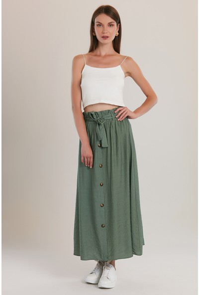 Gülseli Düğmeli Kemerli Midi Etek