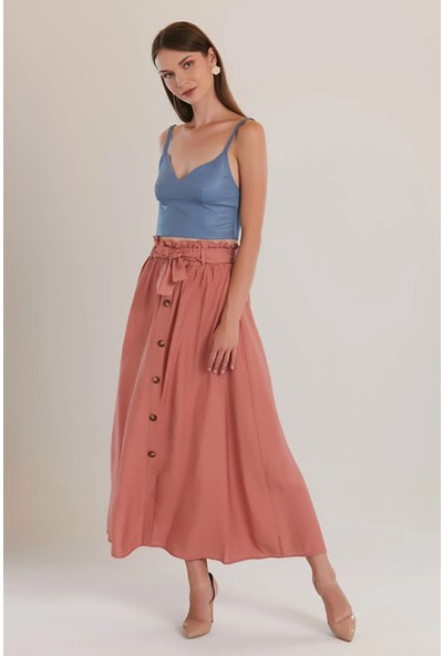 Gülseli Düğmeli Kemerli Midi Etek