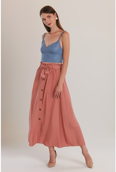 Gülseli Düğmeli Kemerli Midi Etek