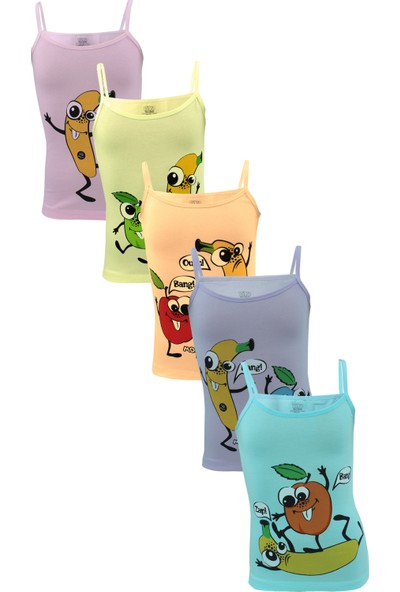 Biyokids Kız Çocuk Atlet 5'li Paket Karışık Renk Ip Askılı Baskılı Atlet BYO1927