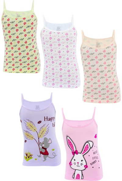 Biyokids Kız Çocuk Atlet 5'li Paket Karışık Renk Ip Askılı Baskılı Atlet BYO1888