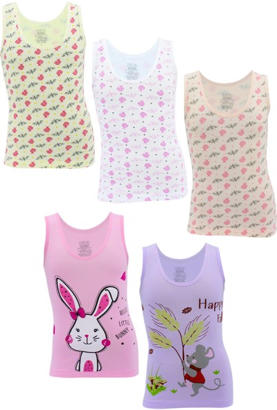 Biyokids Kız Çocuk Atlet 5'li Paket Karışık Renk Geniş Askılı Baskılı Atlet BYO1889