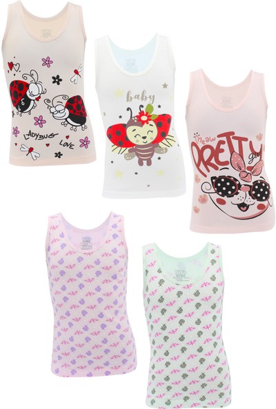 Biyokids Kız Çocuk Atlet 5'li Paket Karışık Renk Geniş Askılı Baskılı Atlet BYO1880