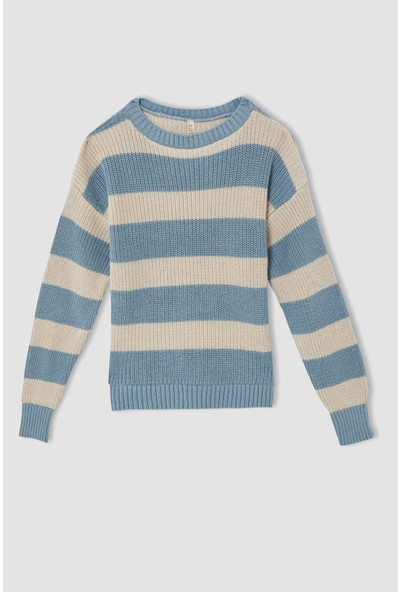 DeFacto Kız Çocuk Regular Fit Çizgili Bisiklet Yaka Triko Kazak V7087A621AU