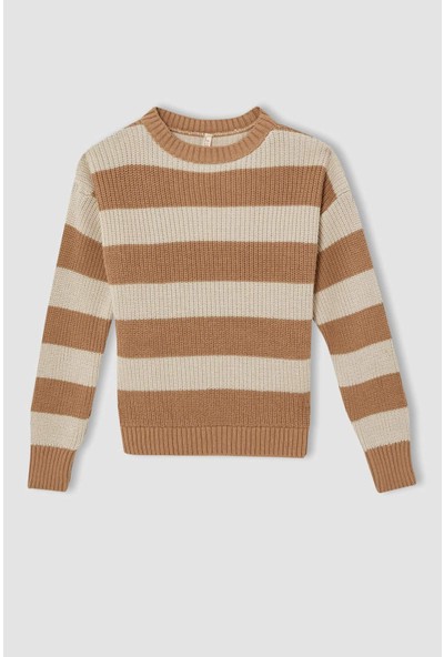 DeFacto Kız Çocuk Regular Fit Çizgili Bisiklet Yaka Triko Kazak V7087A621AU