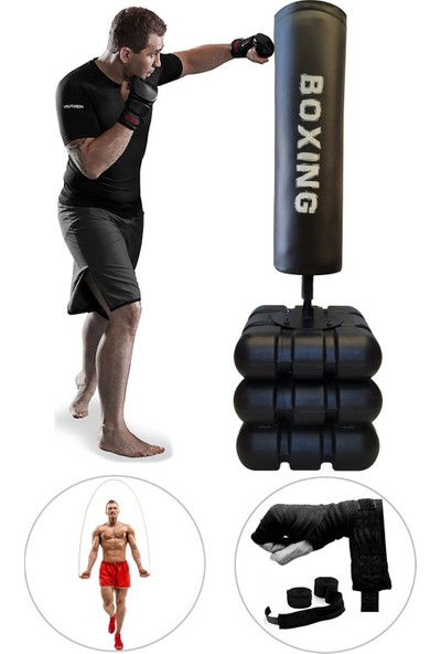 Spor Byfit 178 cm Devrilmez Ayaklı Büyük Boks Vurma Standı + Boks Bandajı + Atlama Ipi - 3'lü Set Spor Byfit 178 cm Devrilmez Ayaklı Büyük Boks Vurma Standı + Boks Bandajı + Atlama Ipi - 3'lü Set
