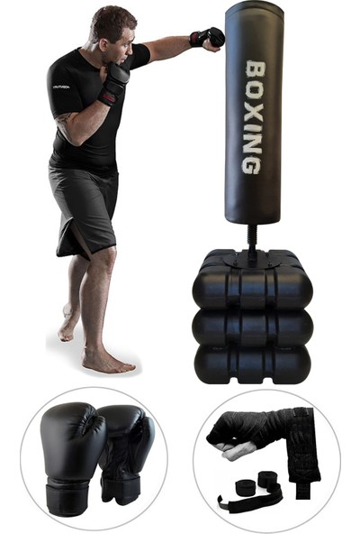 Spor Byfit 178 cm Devrilmez Ayaklı Büyük Boks Vurma Standı + Boks Eldiveni + Boks Bandajı - 3'lü Set Spor Byfit 178 cm Devrilmez Ayaklı Büyük Boks Vurma Standı + Boks Eldiveni + Boks Bandajı - 3'lü Set