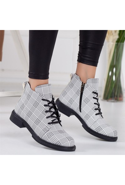 Dilimler Ayakkabı Bağcıklı Ekose Beyaz Kadın Bootie Dilimler Ayakkabı Bağcıklı Ekose Beyaz Kadın Bootie