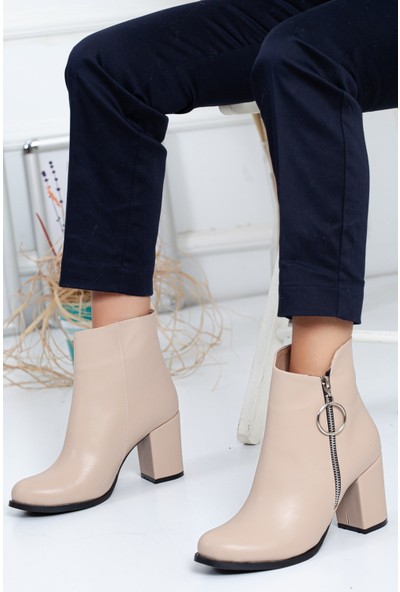 Dilimler Ayakkabı Fermuarlı Nude Kadın Topuklu Bot