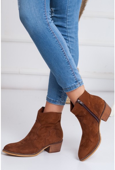 Dilimler Ayakkabı Fermuarlı Taba Kadın Western Bot