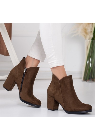 Dilimler Ayakkabı Fermuarlı Haki Kadın Topuklu Bot