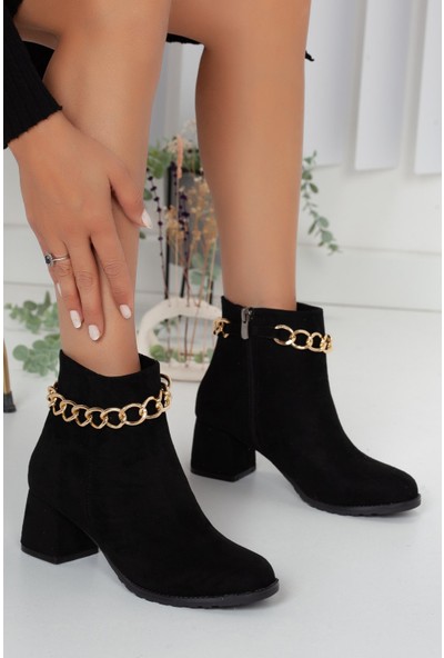 Dilimler Ayakkabı Zincir Detaylı Süet Siyah Kadın Topuklu Bot