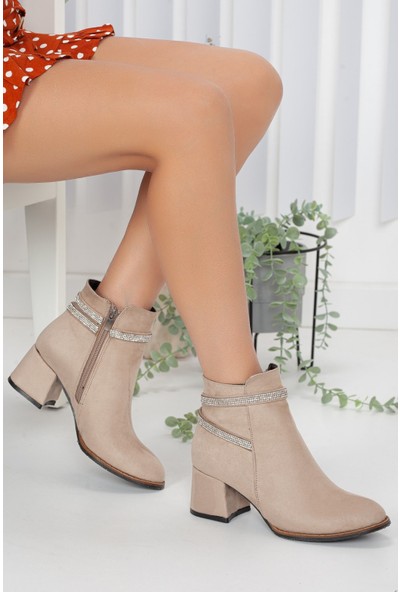 Dilimler Ayakkabı Taş Detaylı Süet Ten Kadın Topuklu Bot
