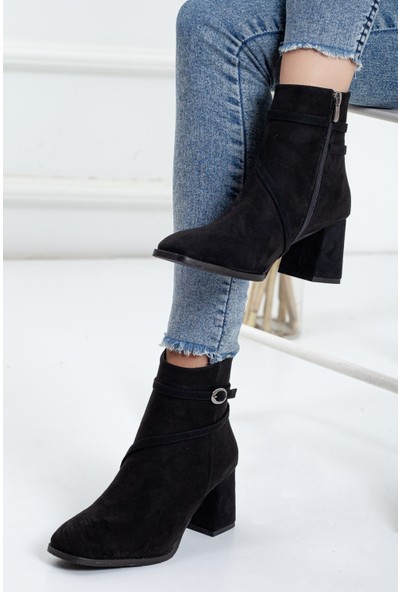 Dilimler Ayakkabı Tokalı Süet Siyah Kadın Topuklu Bot