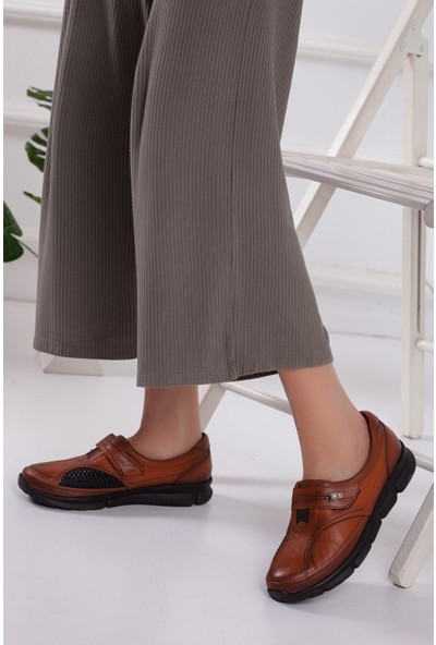 Dilimler Ayakkabı Deri Ortopedik Cırtlı Taba Kadın Günlük Ayakkabı