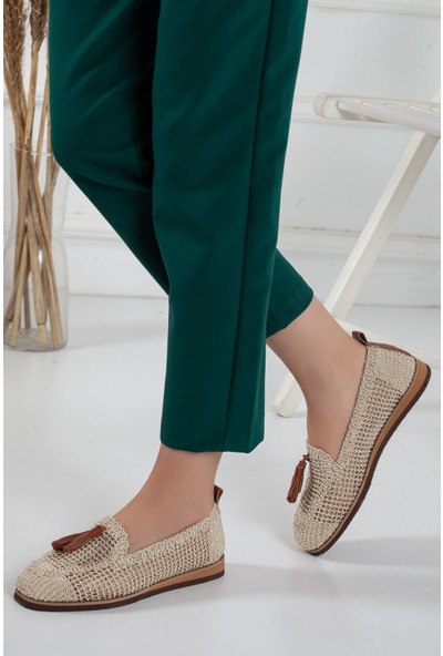 Dilimler Ayakkabı Püsküllü Örme Ten Kadın Espadril
