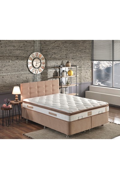 Niron Queen Yatak Seti 200x200 Çift Kişilik Pedli Yatak Sütlü Kahve Kumaş Baza, Başlık ve Yatak Takımı