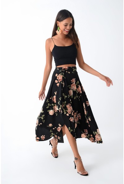 Siyah Kadın Pudra-Siyah Belden Bağlamalı Krep Kumaş Asimetrik Etek - GİY00022