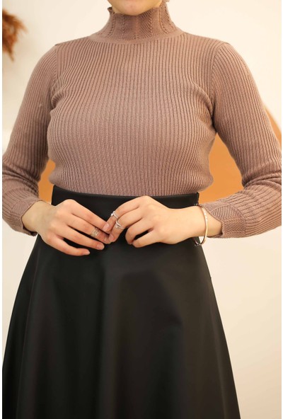 İmaj Butik Dantelli Yarım Boğaz Triko Kazak/vizon İmaj Butik Dantelli Yarım Boğaz Triko Kazak/vizon