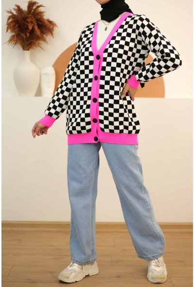 İmaj Butik Kare Desenli Triko Hırka/pembe